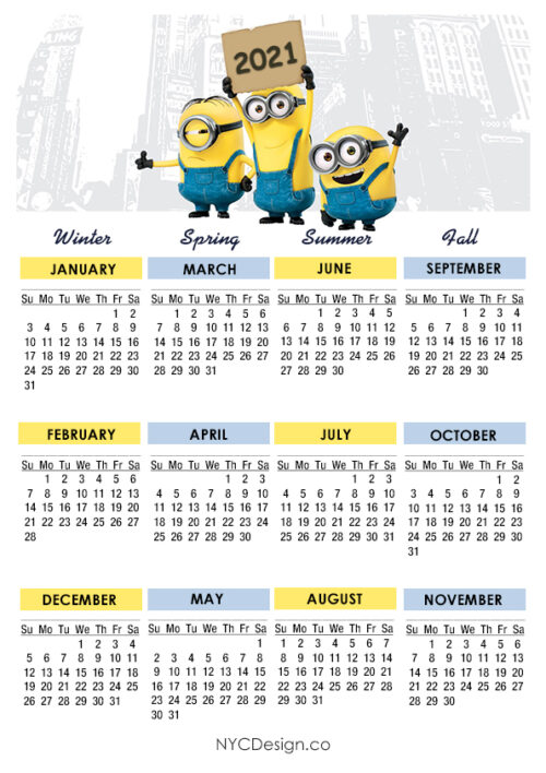 2021 Calendar Printable – A4 Paper Size, Minions Calendar – Sunday ...