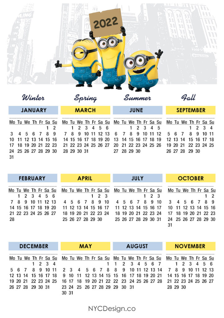 2022 Calendar Printable Free, Minions Calendar – Monday Start ...
