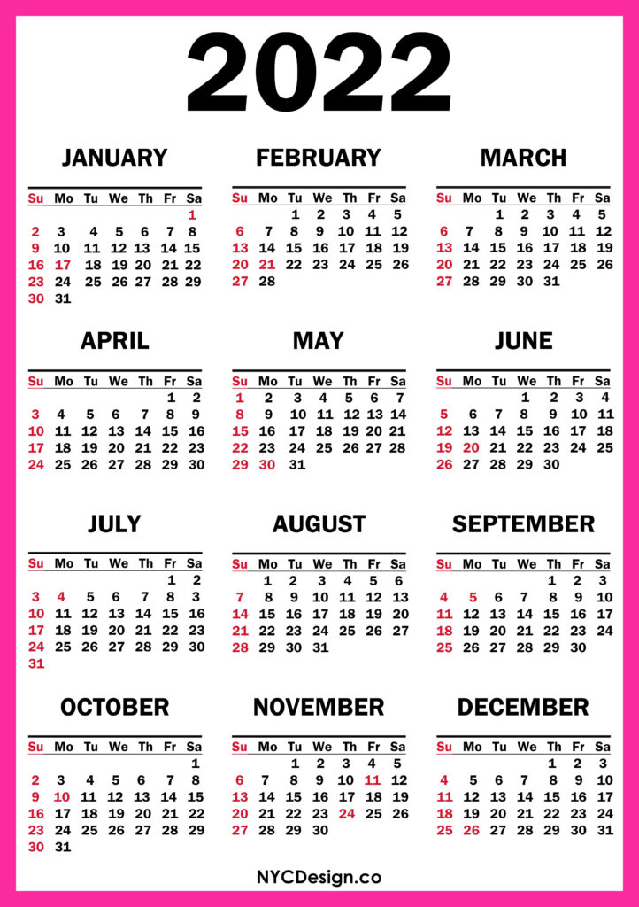 2022 Calendar with US Holidays, Printable Free, Pink – Sunday Start ...