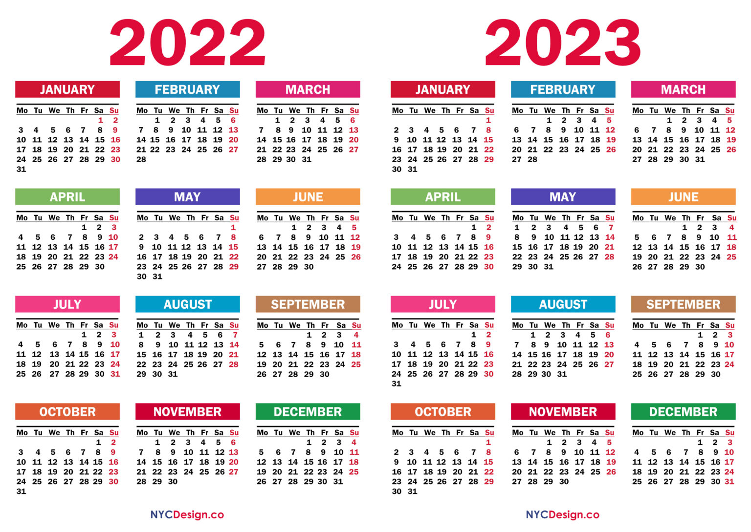 2022 – 2023 Two Year Calendar Printable Free, Colorful – nycdesign.us ...