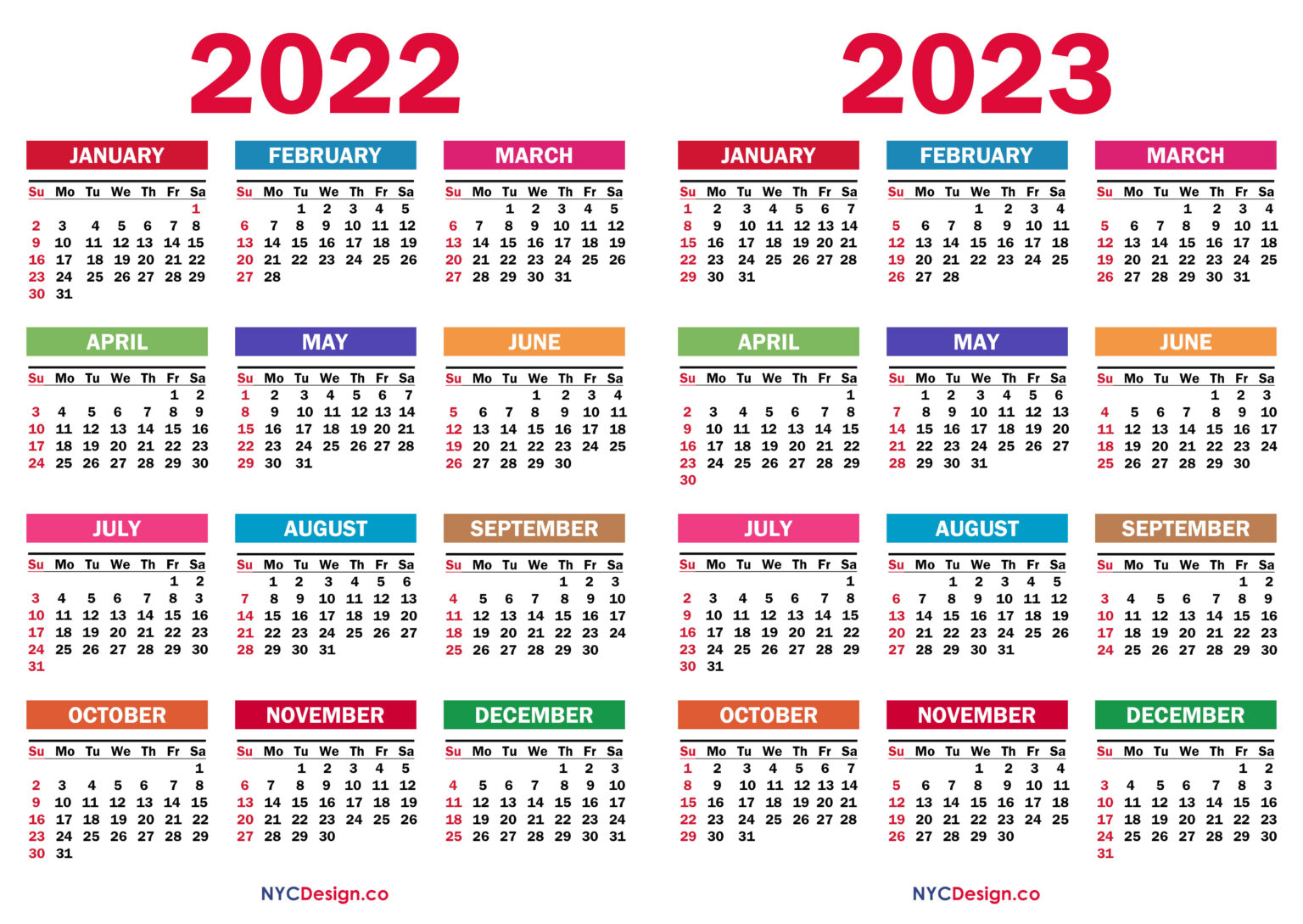 2022 – 2023 Two Year Calendar Printable Free, Colorful – nycdesign.us ...