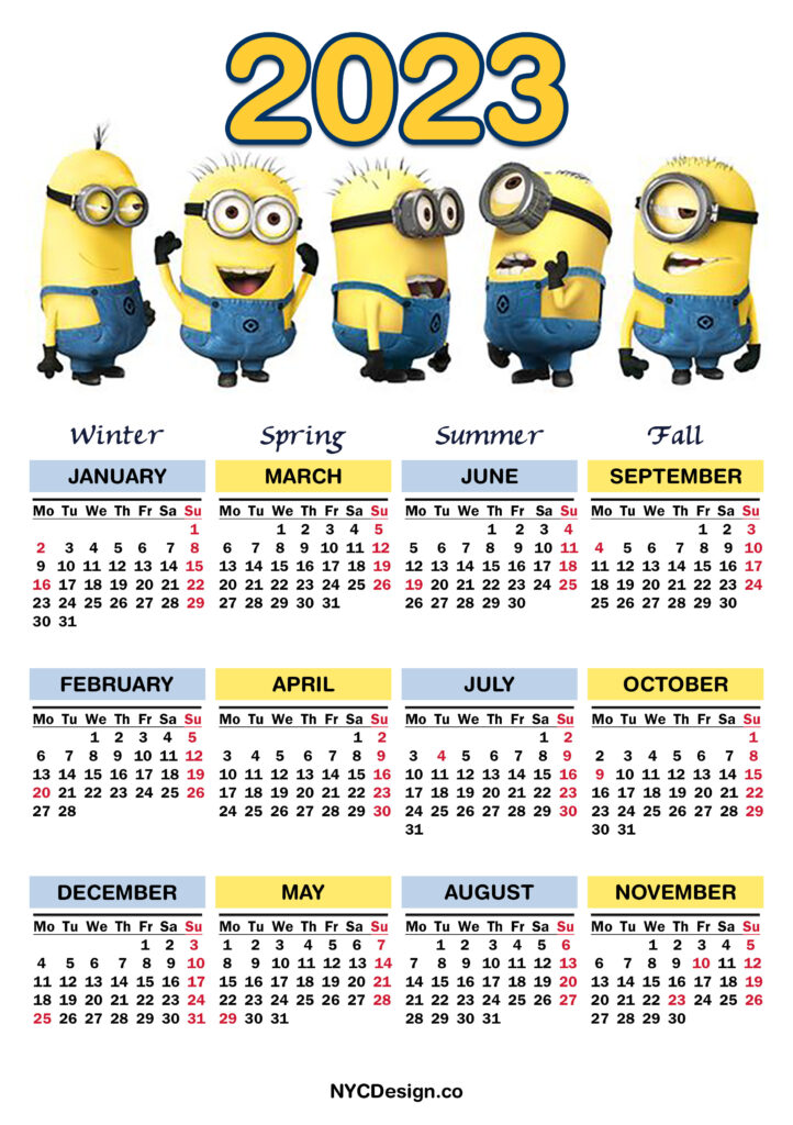 2023 Printable Free Minions Calendar with US Holidays – Monday Start ...