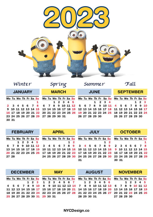 2023 Printable Free Minions Calendar with US Holidays – Monday Start ...