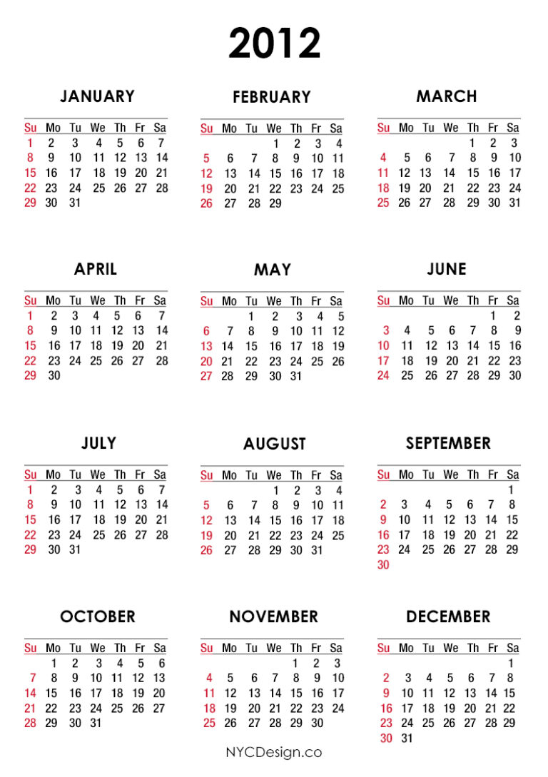 2012 Calendar Printable Free, White – Sunday Start – nycdesign.us ...