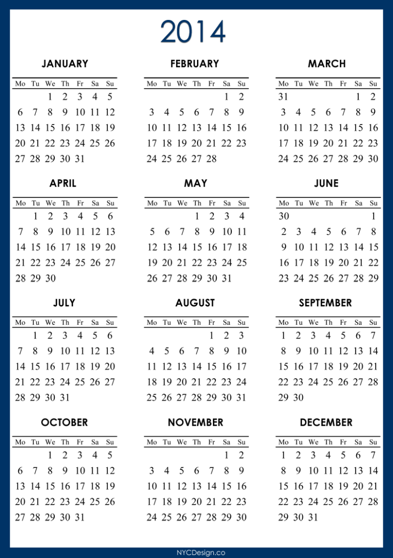 2014 Calendar, Printable Free – nycdesign.us: Printable Things