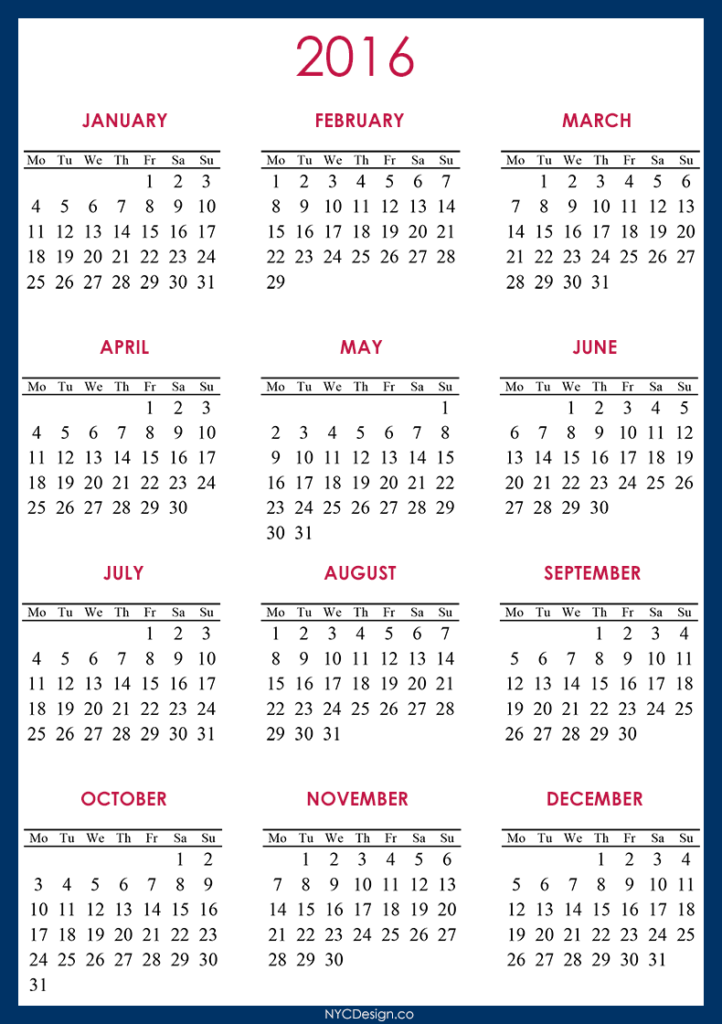 2016 Calendar, Printable Free – nycdesign.us: Printable Things
