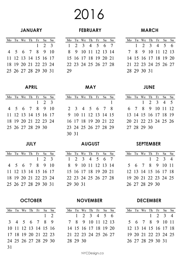 2016 Calendars – nycdesign.us: Printable Things
