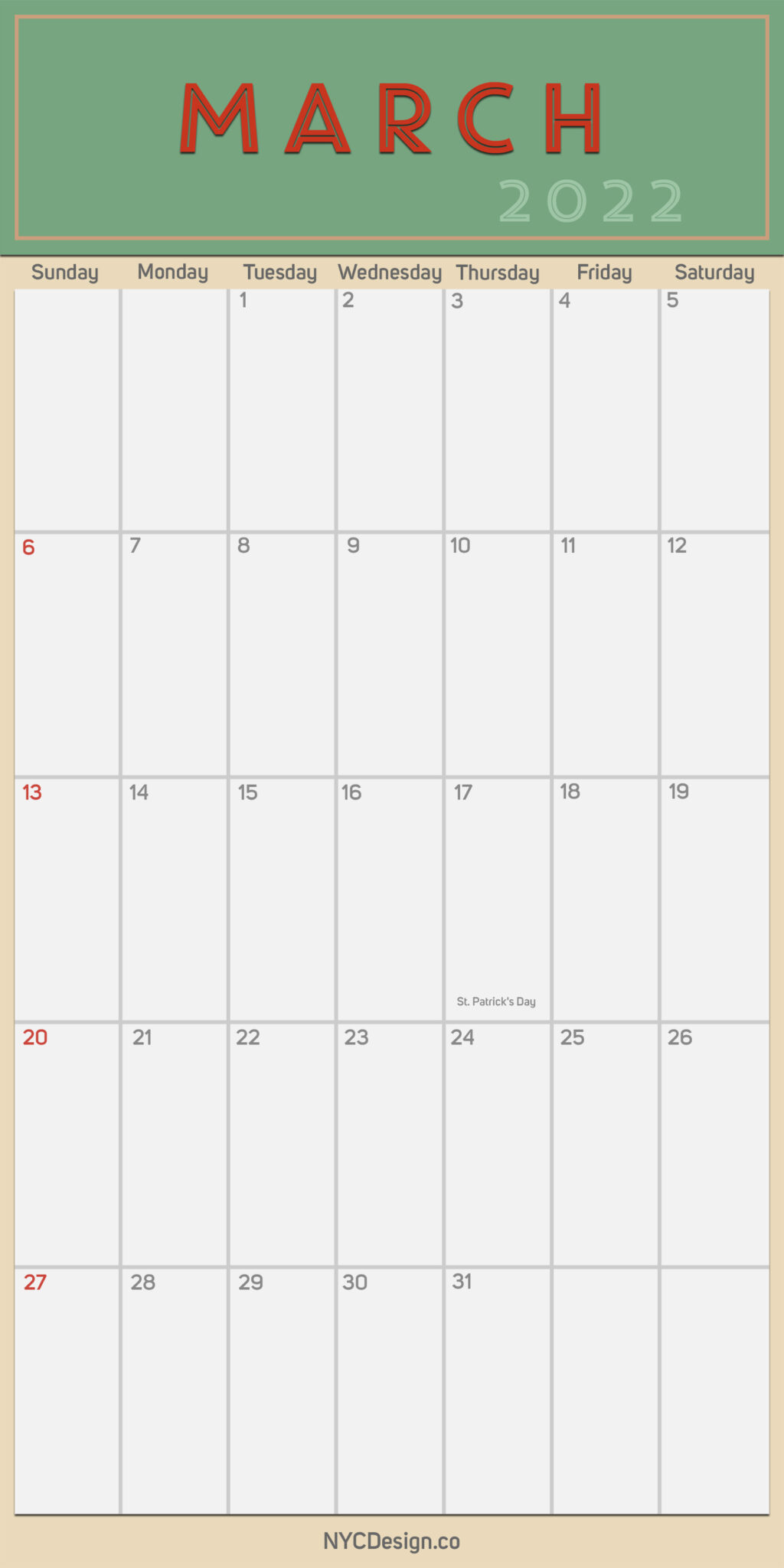 2022 March – Monthly Calendar, Planner, Printable Free – Sunday Start ...