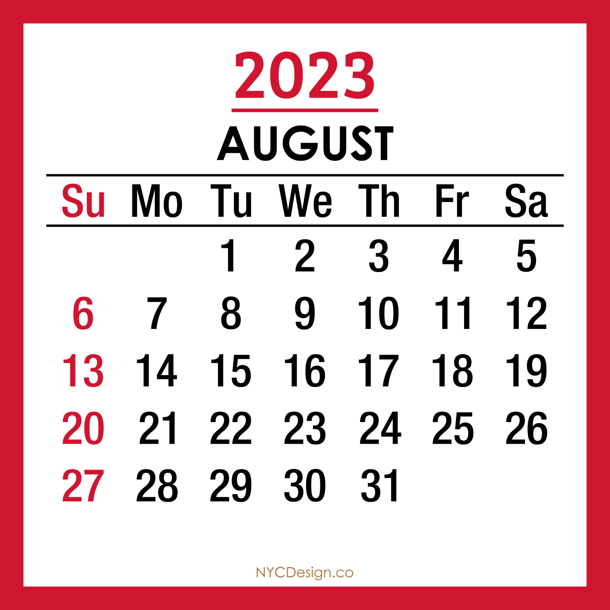 2023 Monthly Calendar with US Holidays, Printable Free – Red ...