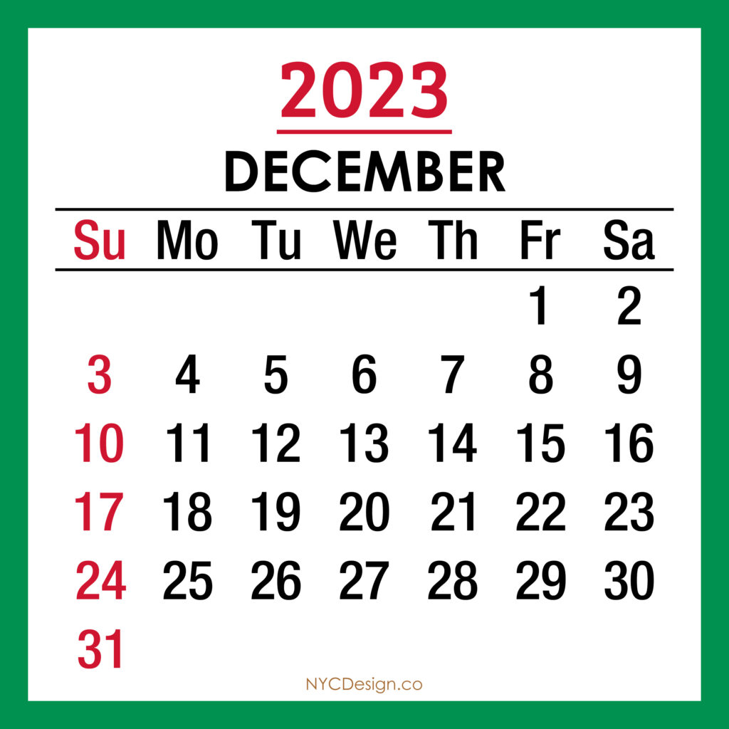 2023 Monthly Calendar, Printable Free – Sunday Start, Green – nycdesign ...