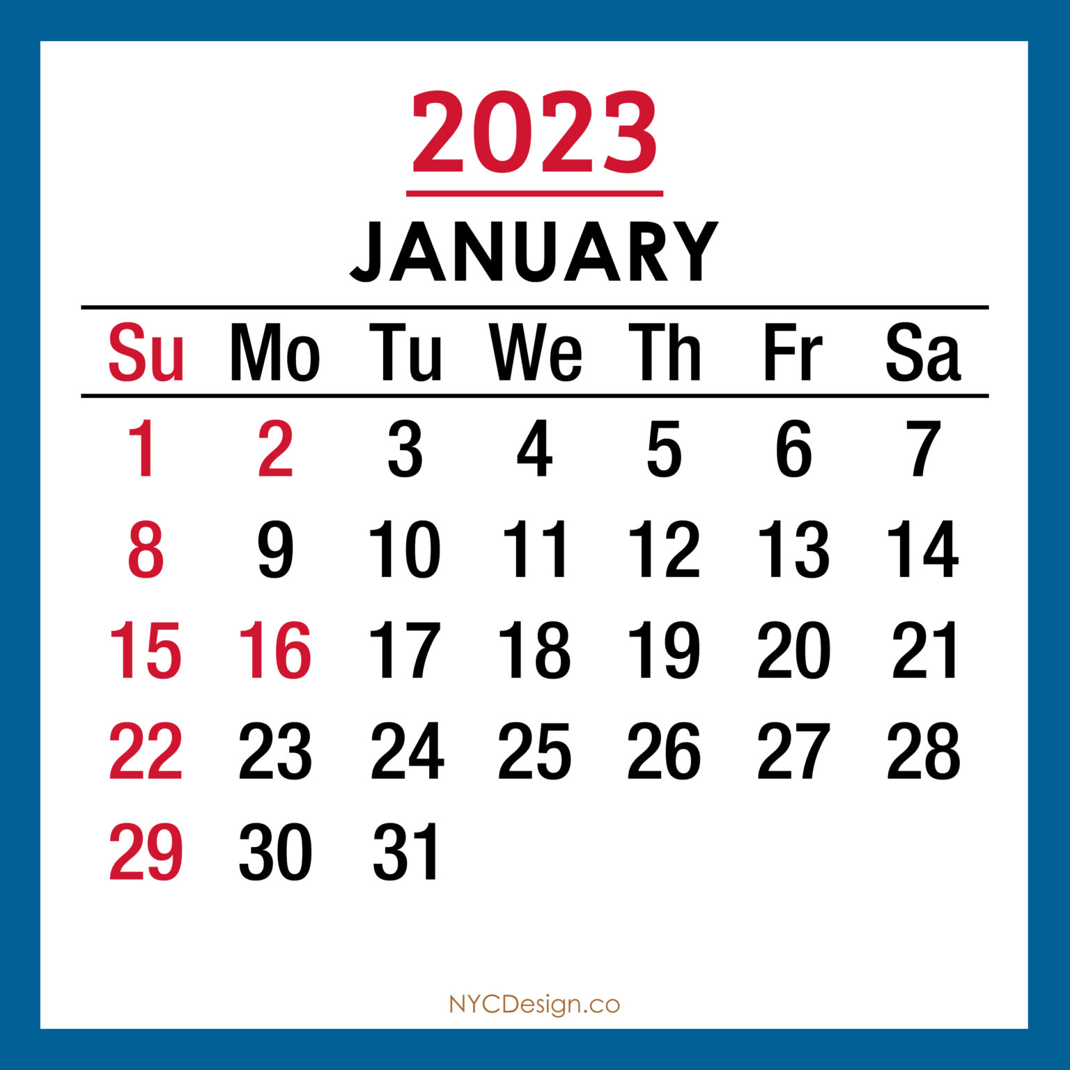2023 Monthly Calendar with US Holidays, Printable Free – Blue ...